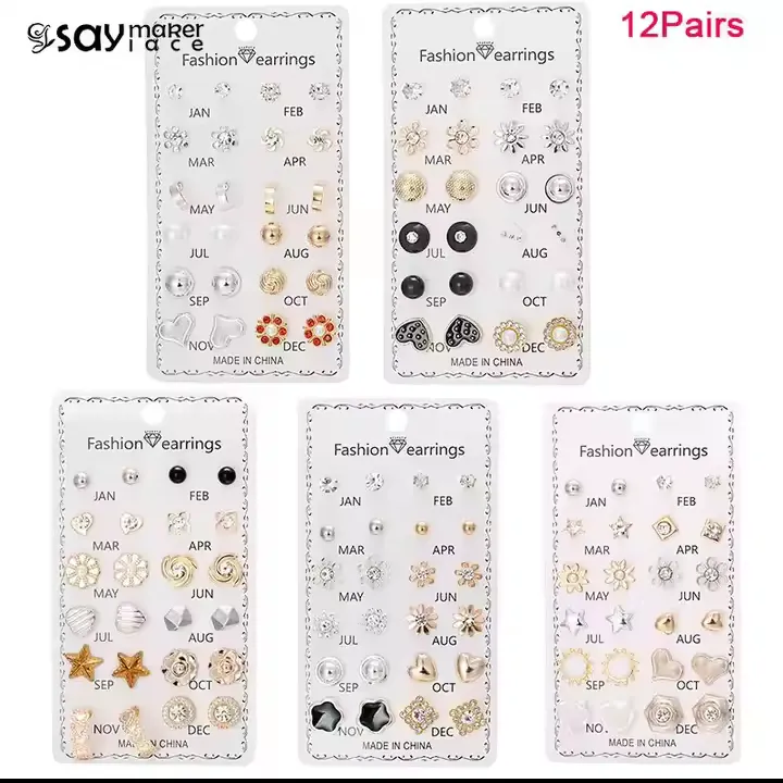 12Pairs Combination Stud Earrings Set Crystal Imitation Pearl Flower ...