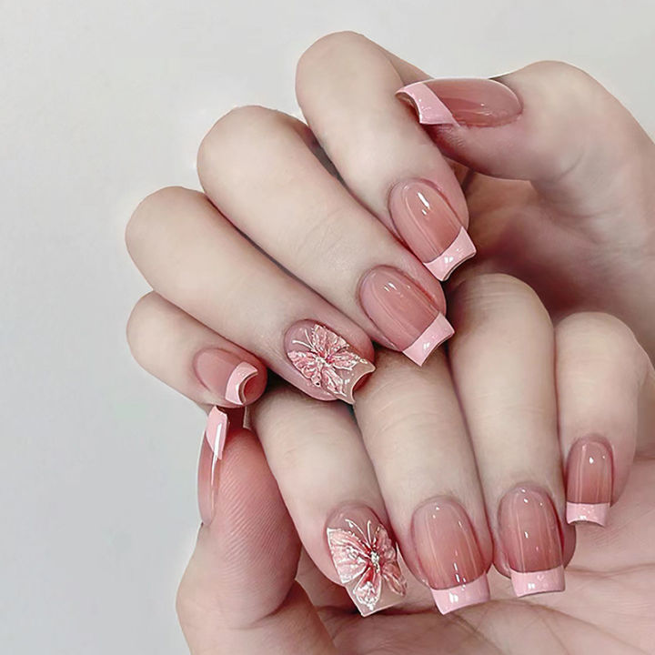 24Pcs Pink Simple Butterfly Fake Nails with Glue DIY Art Design False ...