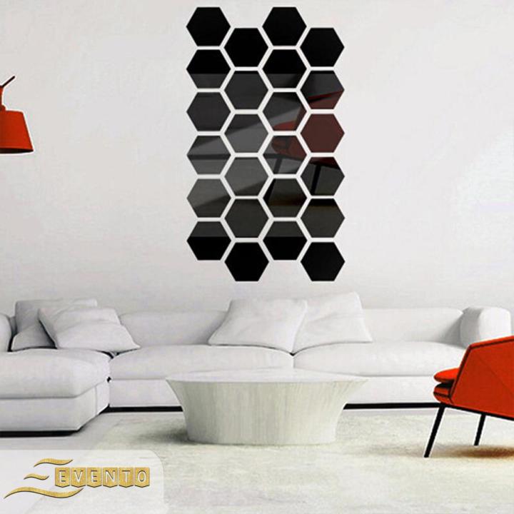 Evento Black Acrylic Mirror Hexagon 3d Wall Sticker Sets Decore Art ...