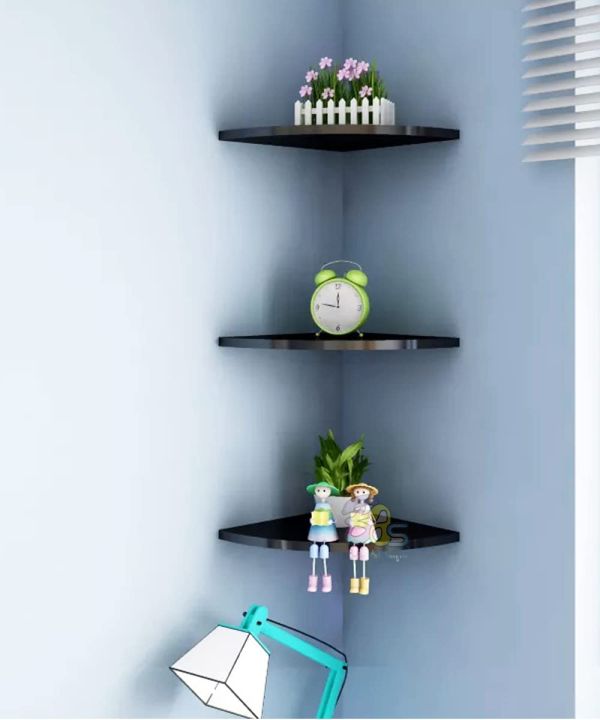 Device Bas with BROWN ART SHOPPEE Floating Shelves, Corner 3 Tiers ...