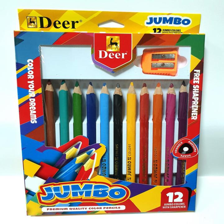 Deer Jumbo Color Pencils With Sharpener Set Of 12 Color Pencils | Daraz.pk