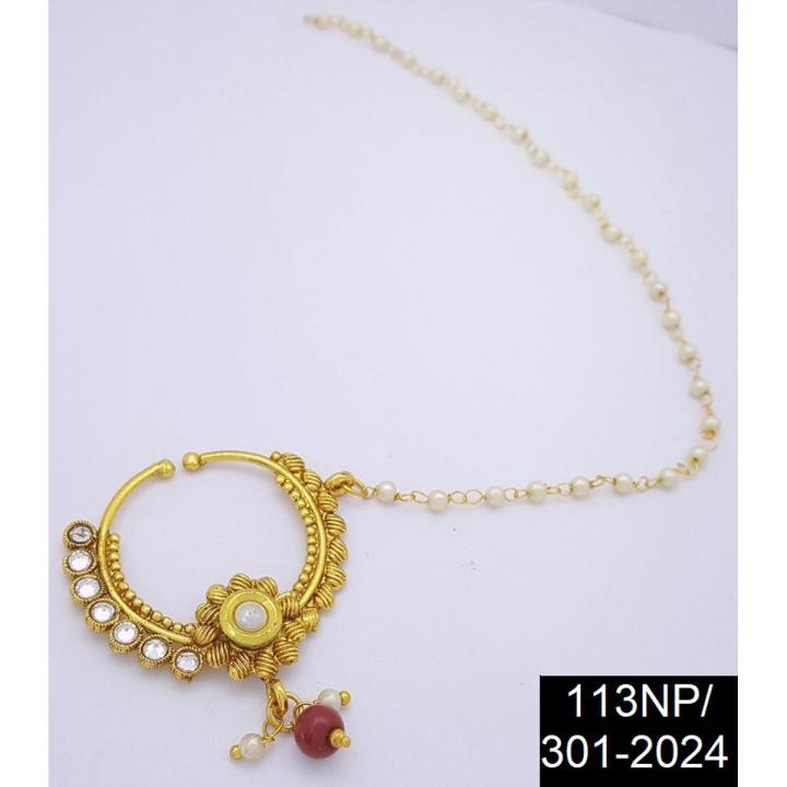 Traditional Gold Plated Bridal Nose Ring Nath With Pearl Chain | Daraz.pk