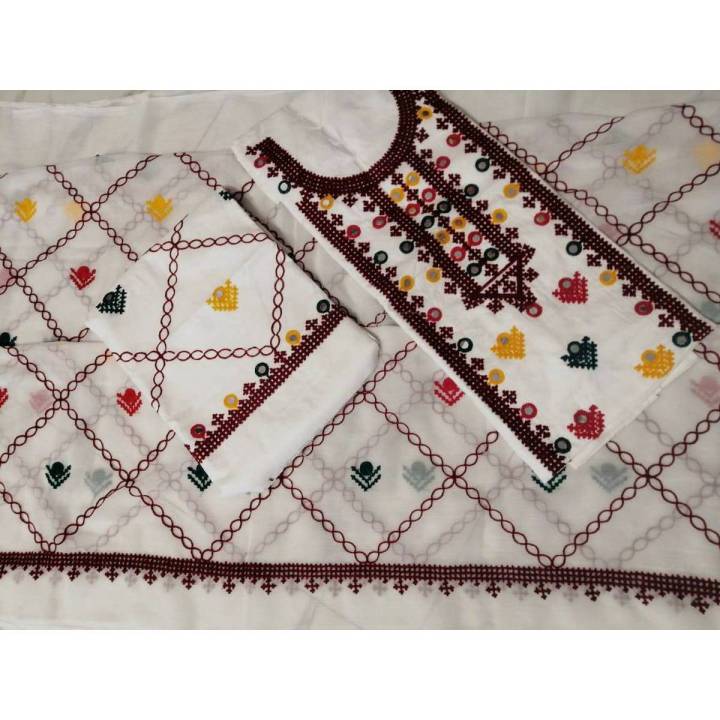 Sindhi Ajrak Style Embroidery white Colour Lawn 3 piece Suit with ...