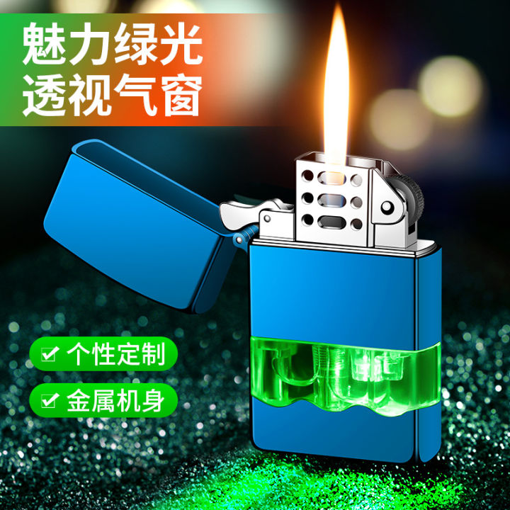 New Grinding Wheel Open Flame Gas Lighters Green Light See-through ...