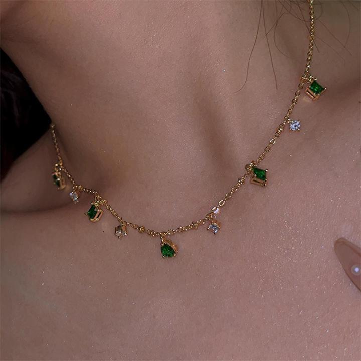 Retro Emerald Inlaid Rhinestone Necklace Female SimpleTemperament ...