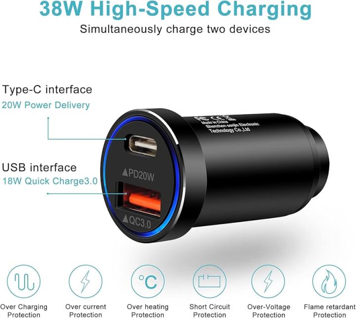 USB Car Charger Type C Dual Ports Fast Charging Phone Adapter For PD ...