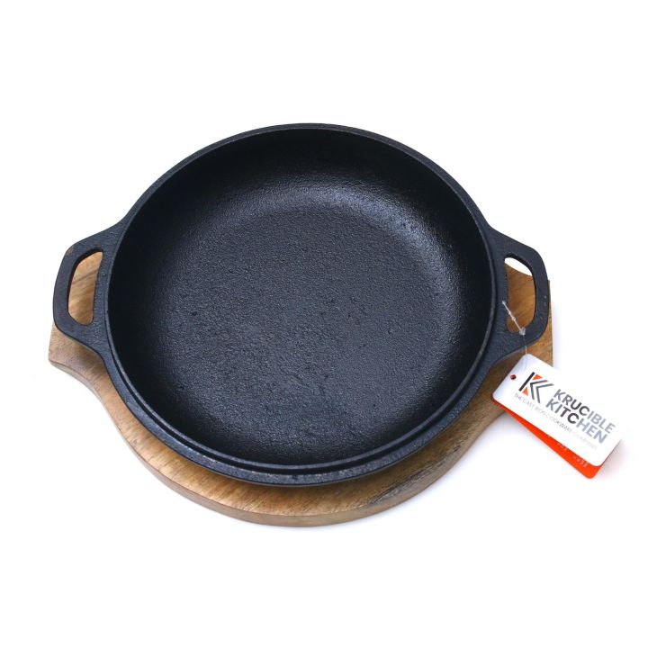 Cast Iron 2 in 1 Skillet & Sizzler 9.5 Inches with wood Base, Krucible ...