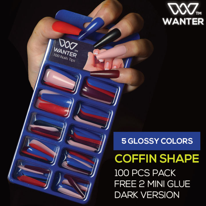Wanter - 100Pcs 5 Colors Glossy Coffin Shape Fakee Nails Colored Dark ...