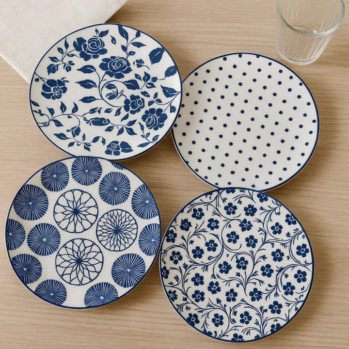 Blue & White Patterned Ceramic Plates (8inch) | Daraz.pk