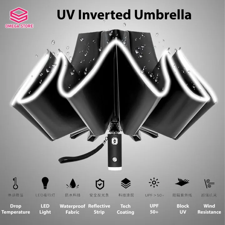 (O Mega) UV Umbrella UV Inverted Umbrella 10 Bones Full Auto LED Light Reflective Strip Wind ...