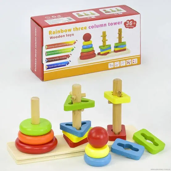 Wooden Rainbow Column Tower Stacking Rings Toy classic stacker Wooden ...