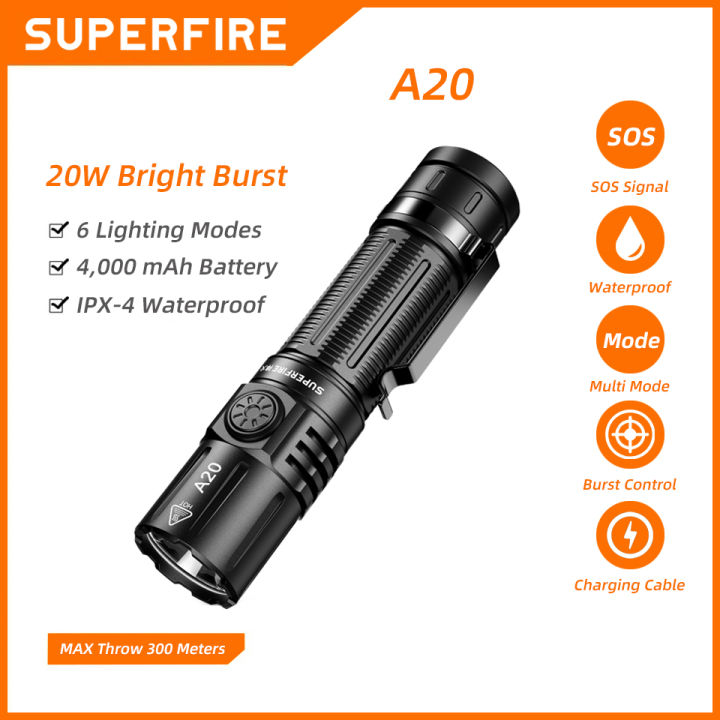 SUPERFIRE A20 Tactical Flashlight 3000LM Powerful LED USB C Rechargeable Torch 21700 with Memory ...