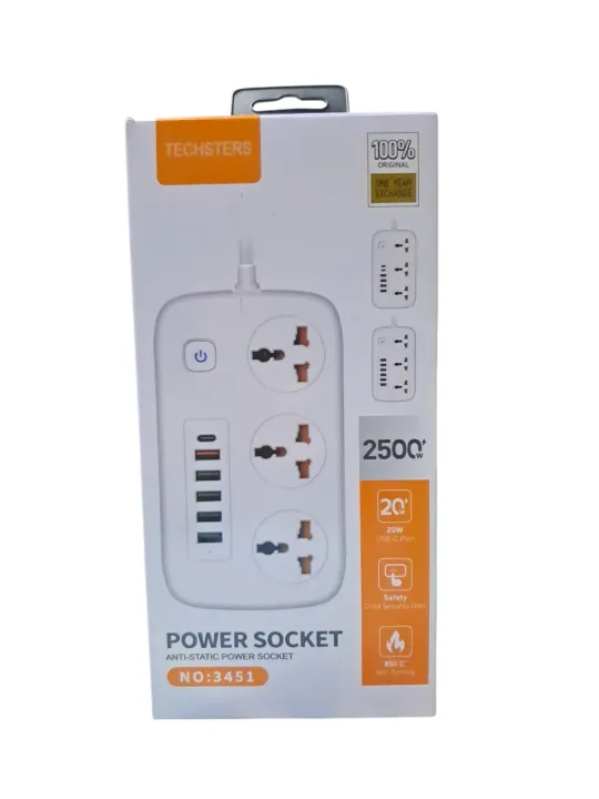 10A-250V 2500W Extension Lead Multiple Socket, Power Strip with USB, 3 ...