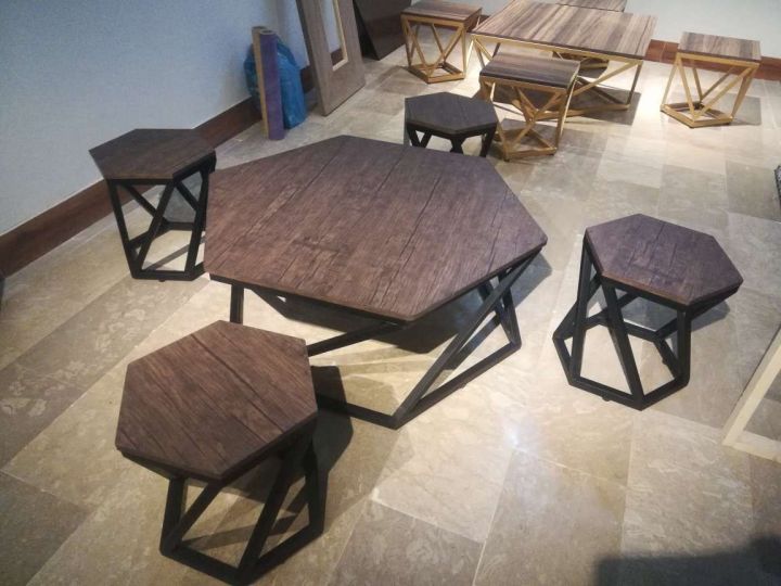 Hexagon Table Set - Wooden Coffee Table with Four Side Tables - Center ...