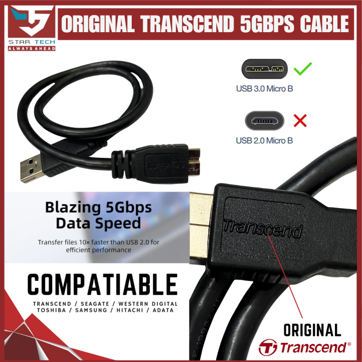 Original Transcend USB 3.1 A to Micro B SuperSpeed Cable for WD/Seagate ...