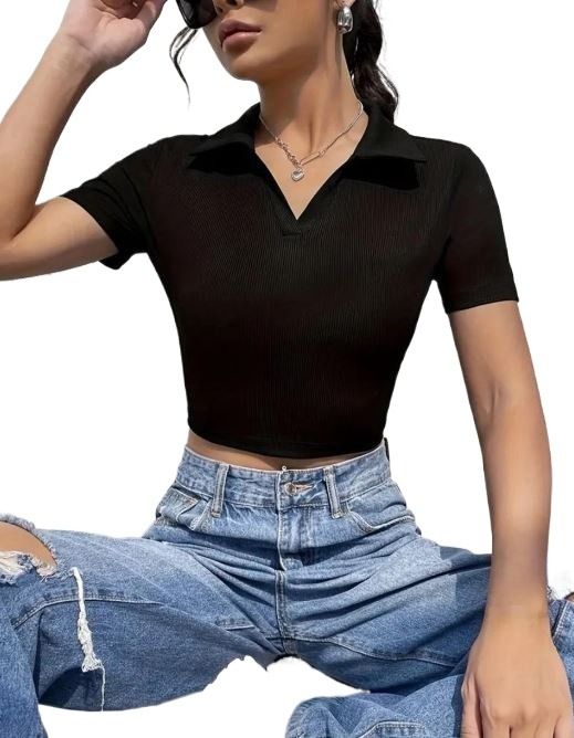SOLID RIBBED KNIT CROP TEE | Daraz.pk