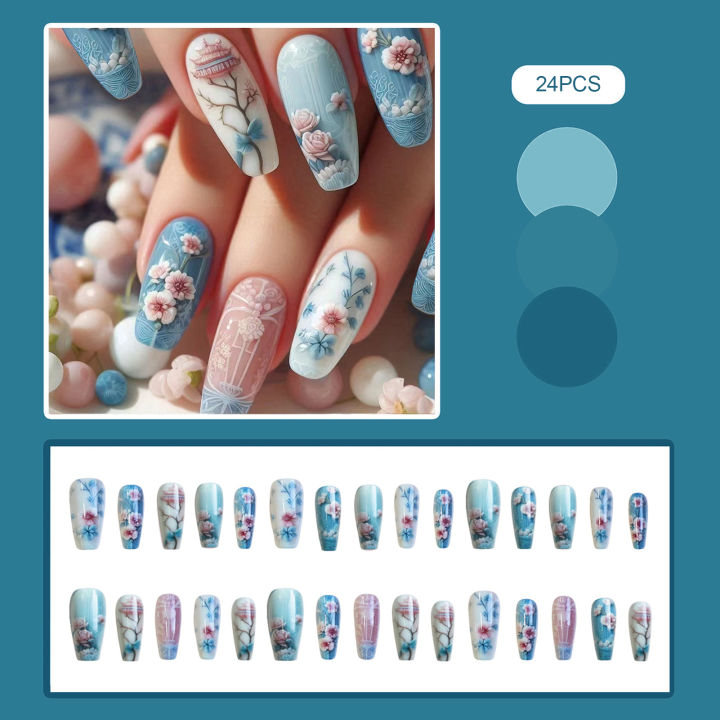 WM-145 24PCS Chinese Style Blue Resin Artificial Nails with Zero ...
