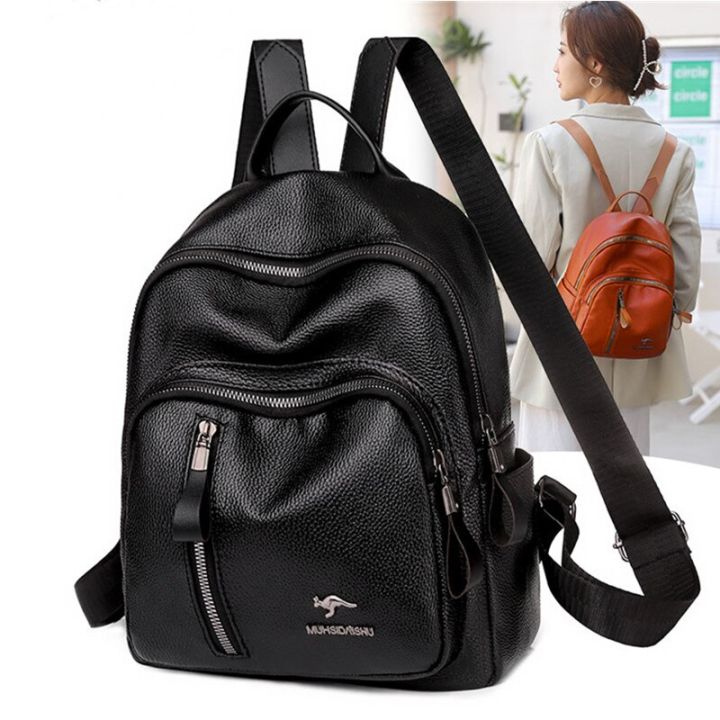 Black Women's Backpack High Quality Soft Pu Leather Backpacks Solid Color School Bags for ...