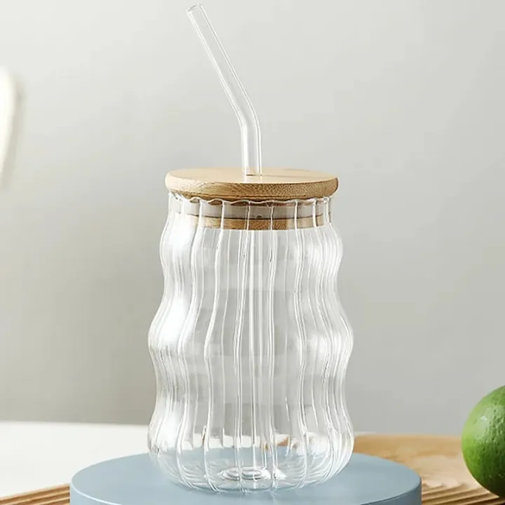G.S Ribbed & Round Glass Sipper with Glass Straw, Tumbler Can Lid ...