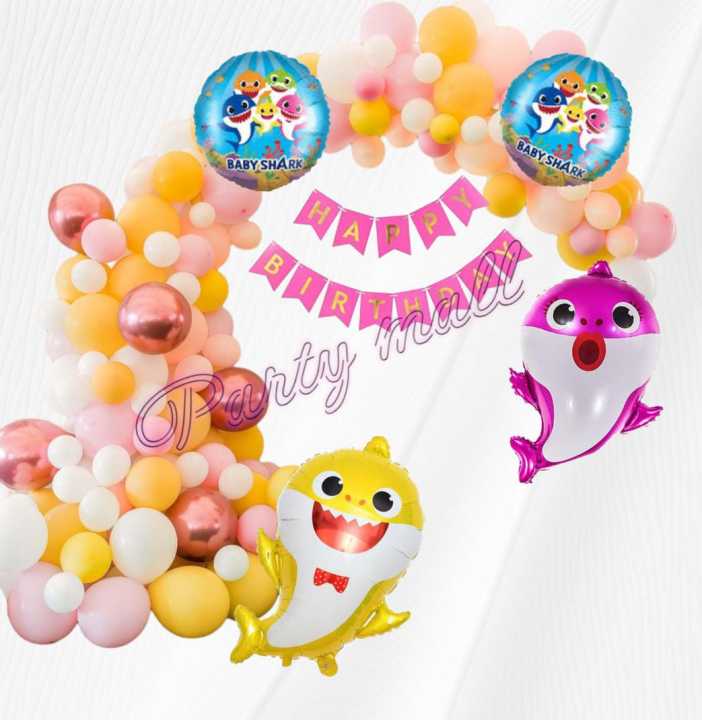 PINK & YELLOW BABY SHARK THEME SET FOR BIRTHDAY PARTY DECORATIONS ...