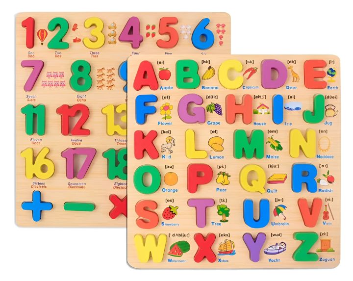 3D Wooden Capital Alphabet & Number Board Puzzles with Pictures ...