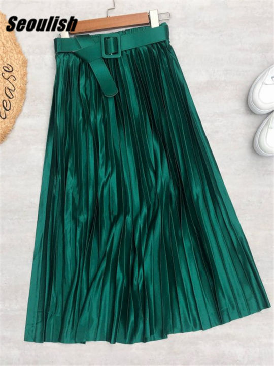 Seoulish 2023 New Solid Elegant Stain Women's Pleated Skirts with Belted High Waist Skirts Mi ...