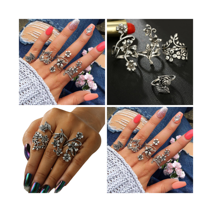 Rings for Women Rose Flower Charm Bohemia Floral Ring Set For Girls ...