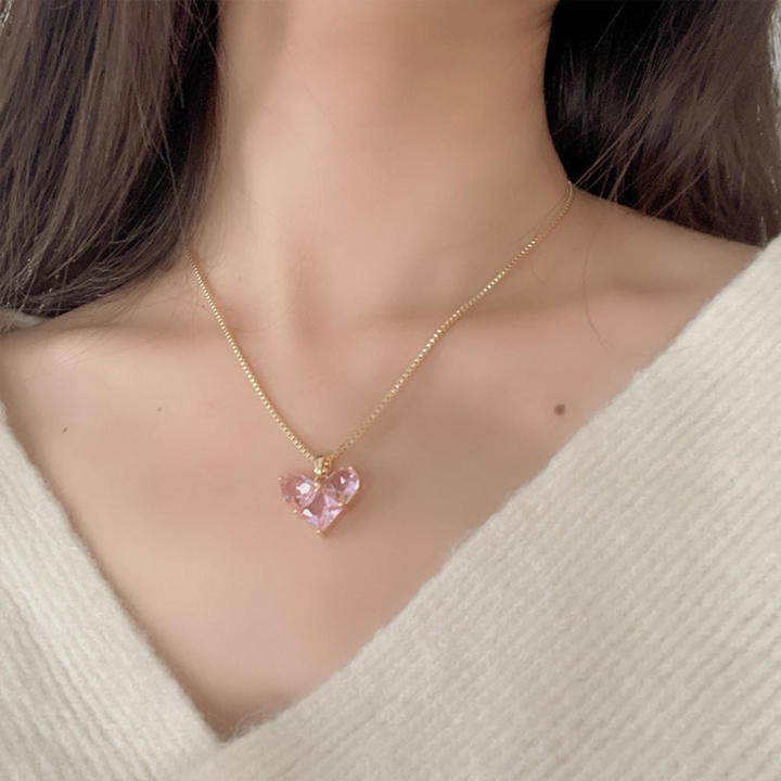 And Small Design Sense Sparkling Heart Shaped Collar Chain Pink Love ...