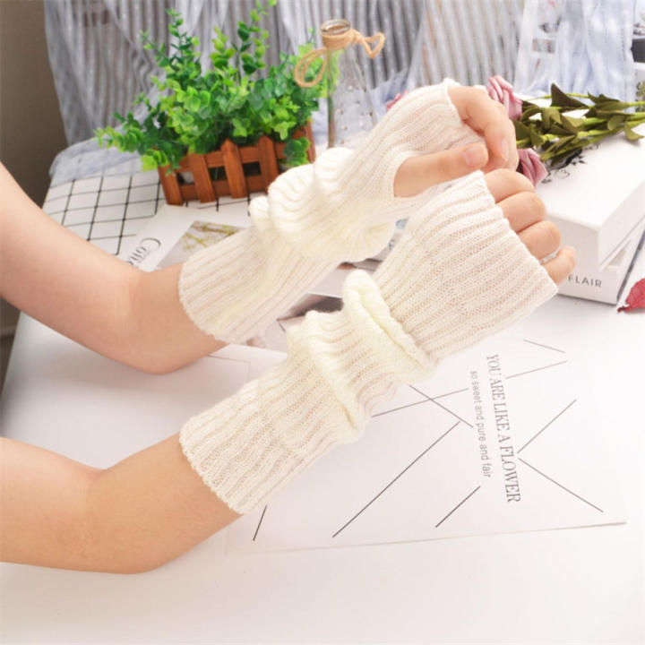 Knitted Arm Warmers Y2k Fingerless Warm Fingerless Gloves Long Japanese ...