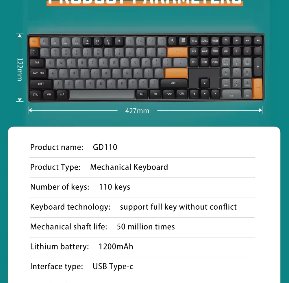 DarkFlash GD110 Wireless Mechanical Keyboard 110 Keys USB Type-C Wired ...
