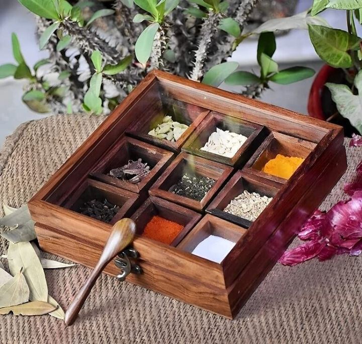 Exquisite Hand-Carved Wooden Masala Box with 9 Containers & Spoon ...
