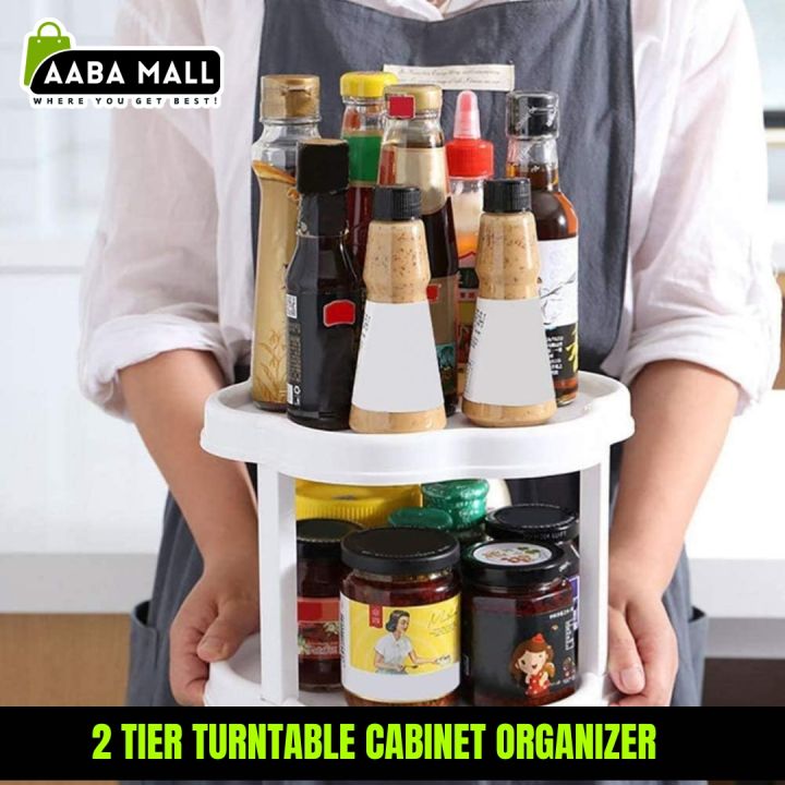 Condiment Storage Rack, 2 Tier Turntable Cabinet Organizer, 360 Degree ...