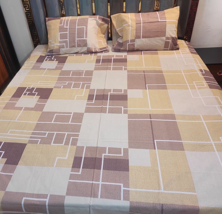 Cream Color Elegant Geometric Cotton Bedsheet – Queen Size with 2 ...