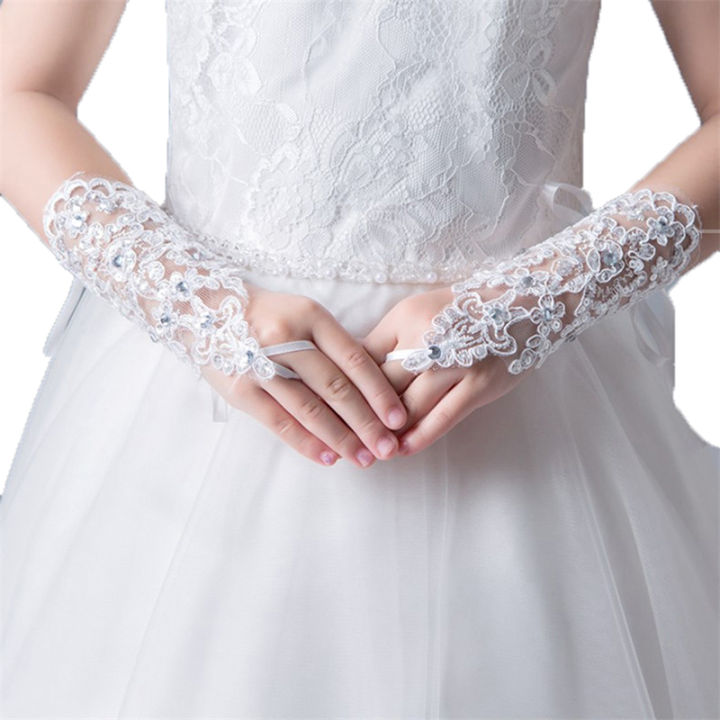 Girls Princess Gloves - White Lace, Diamond Detail, For 8-15 Years, All ...