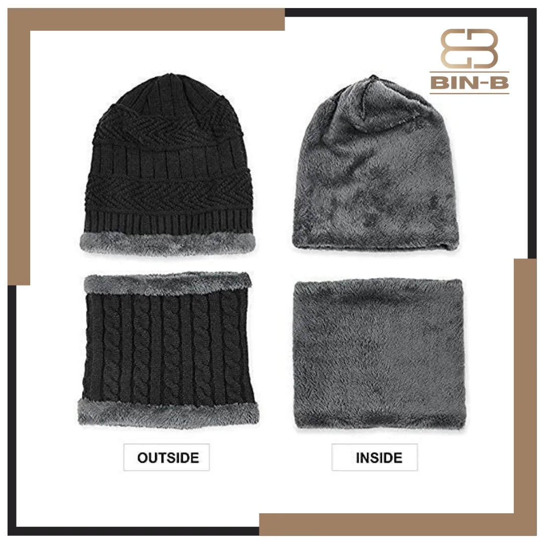 BIN-B Beanie-Wool Cap With Neck Warmer-Black Color | Daraz.pk