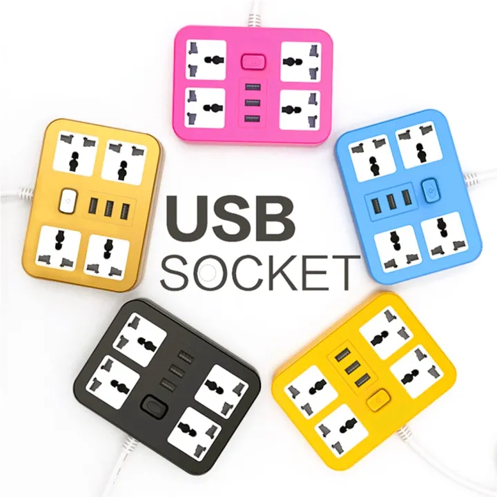 4 Way Power Strip - Extension Board with 3 USB Ports with long Copper ...
