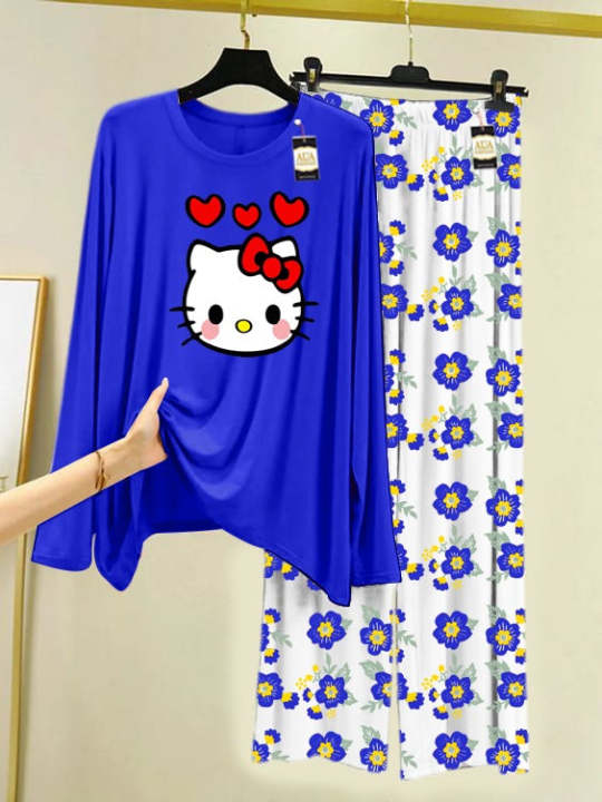 Blue Hello kitty Printed Nightwear Set with Flower Printed Trousers ...