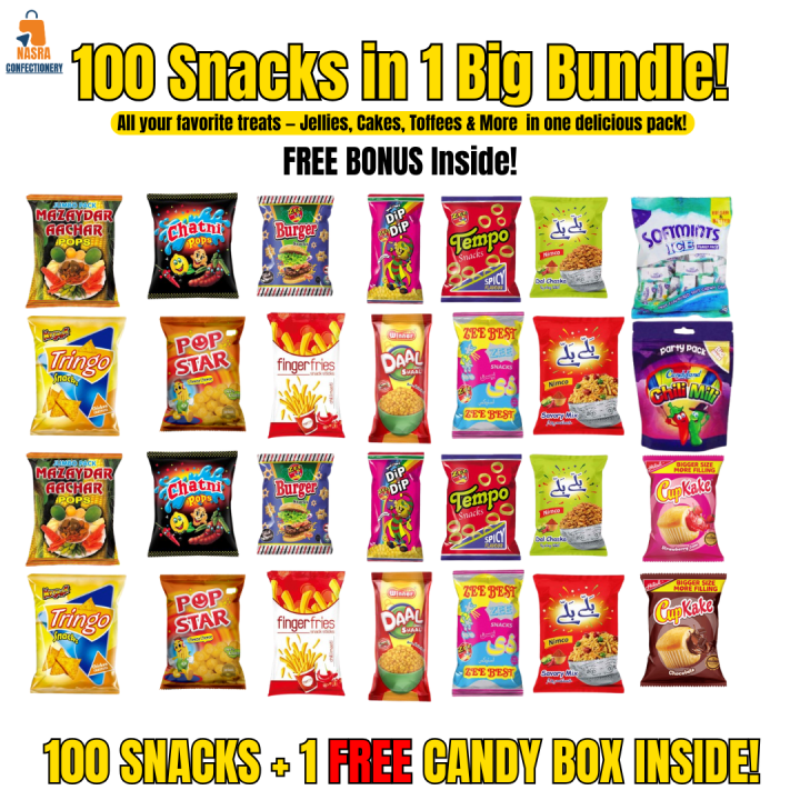 100 Snacks Combo Pack + 1 FREE Candy Box | Jellies, Mini Cakes, Toffees ...
