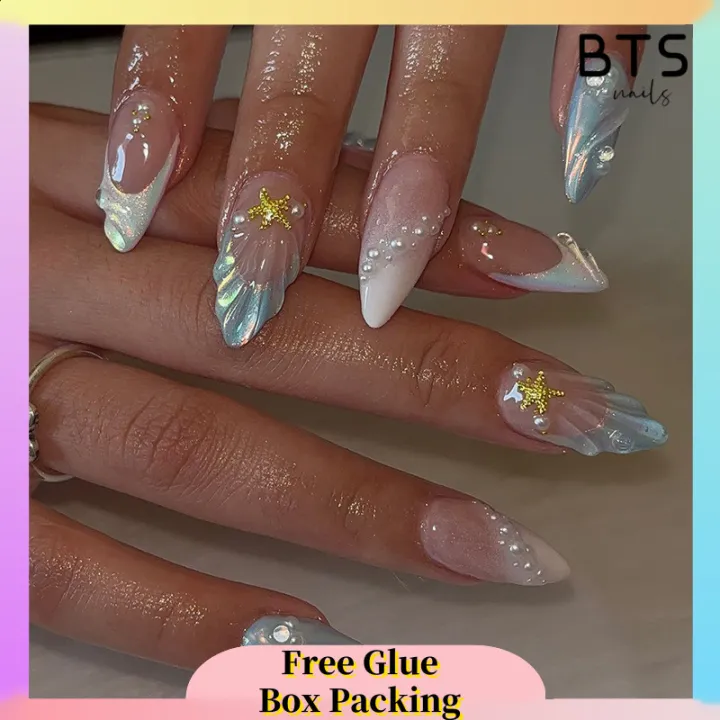 BTS【WITH GLUE】24Pcs Long Sea Shell Mermaid Paerl Fake Nails DIY Art ...
