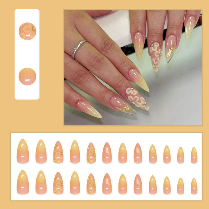 24Pcs Long Flower Fake Nails with Glue DIY Art Design False Nails ...