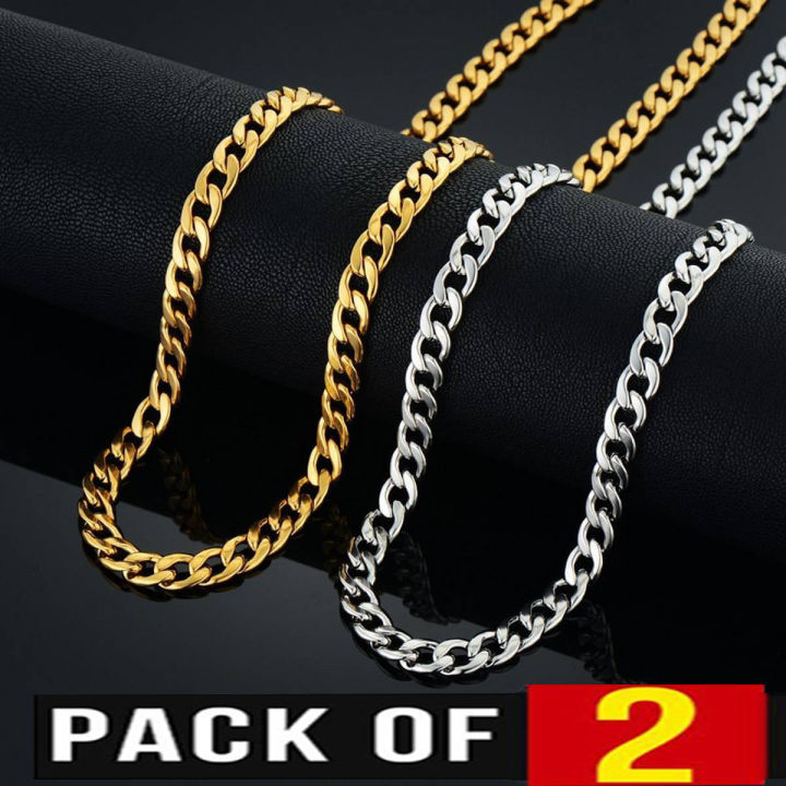 Pack of 2 Silver and Golden Stainless Steel Cuban Thin Italian Neck ...