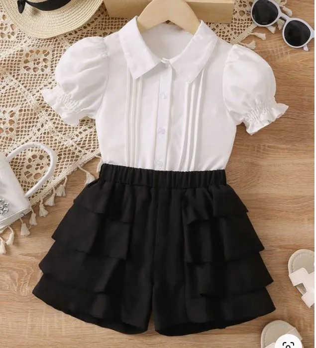 Baby Puff Sleeve Shirt & Layered Hem Shorts Set – Linen Summer Outfit ...