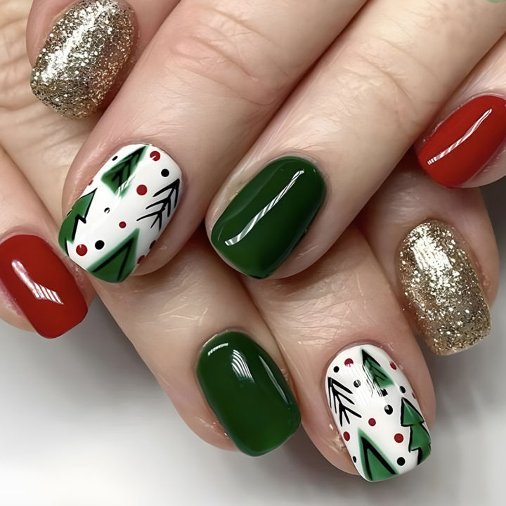 DY1526-B7 24PCS Christmas False Nails with Tree & Glitter Ball Design ...