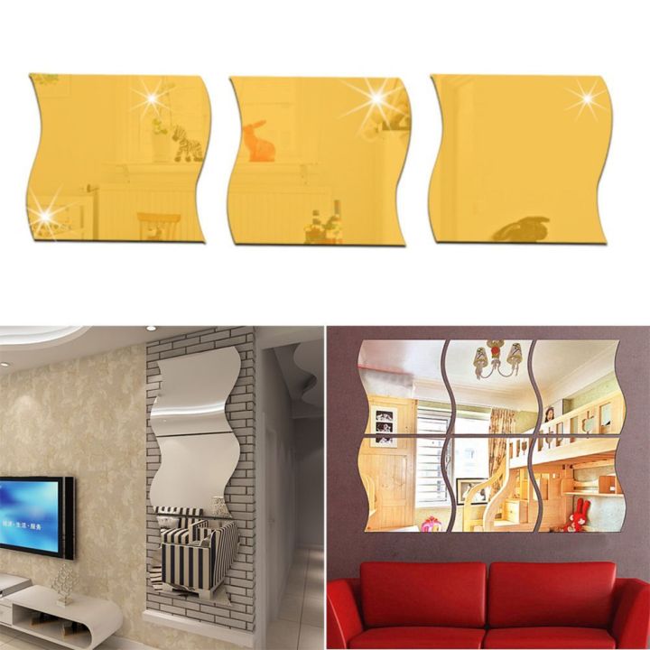 6Pcs Room Living Decoration 3D Art Mirror Wall Sticker Wave Mural ...
