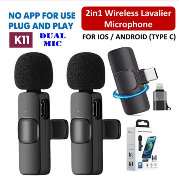 K11 Dual Mic 2 IN 1 Collar Wireless Microphone Android Type C & Ifone ...
