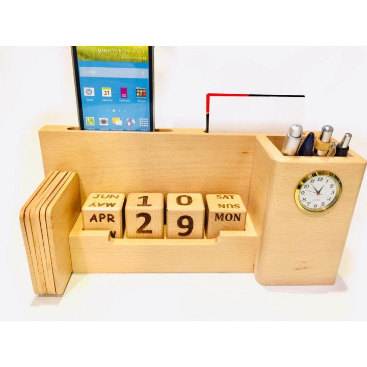 Wooden Table Organizer 6 in 1 ( Forever Calendar, Clock, Pen holder ...
