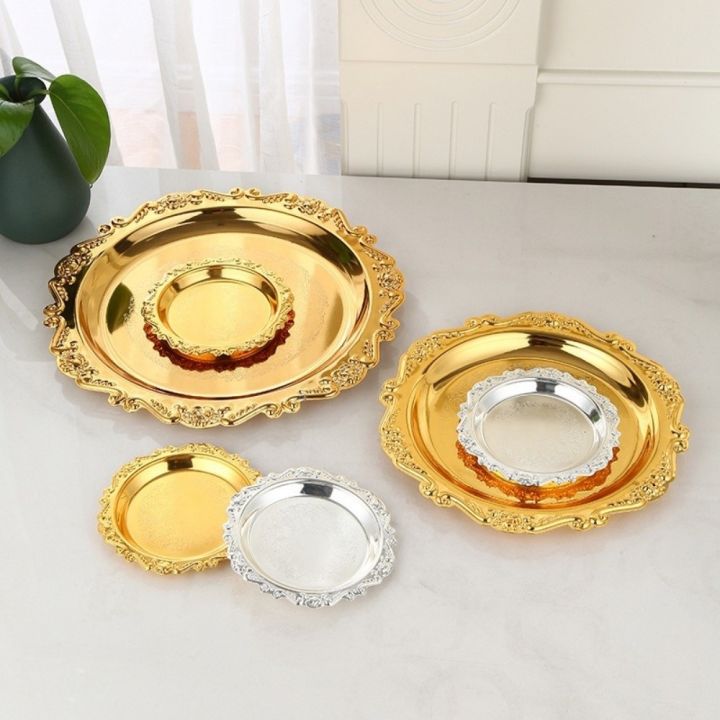 Retro Golden Silver Cake Tray Round Desktop Fruit Snack Plate Dinner ...