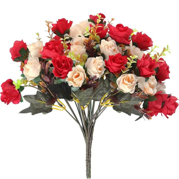 With Stems Artificial Roses Silk Roses Two-tone Flowers 12 Heads Floral ...