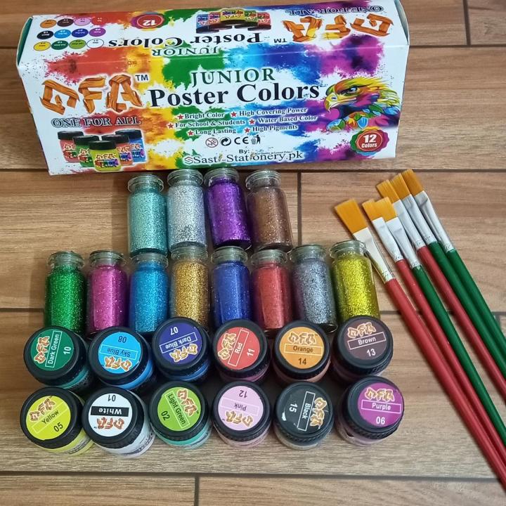 Packet of 12 Poster Colors + 12 glitter +6 brush /12 Face Paints + 12 ...