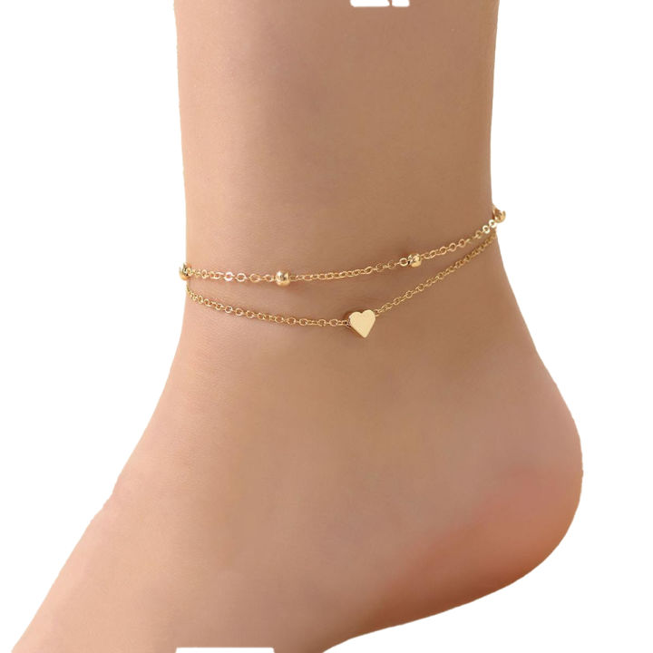 Double Chain Golden Heart Anklet Payal for Girl Simple Golden Foot ...
